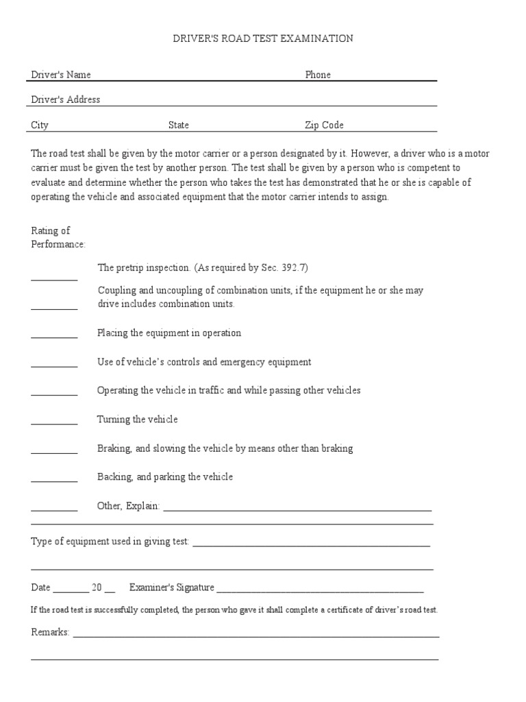Drivers Road Test Examination | PDF | Technology & Engineering