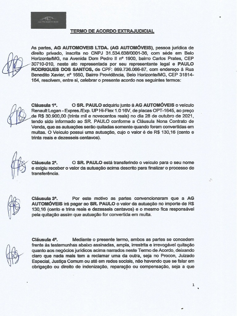 Termo de Acordo Extrajudicial - Assinado | PDF