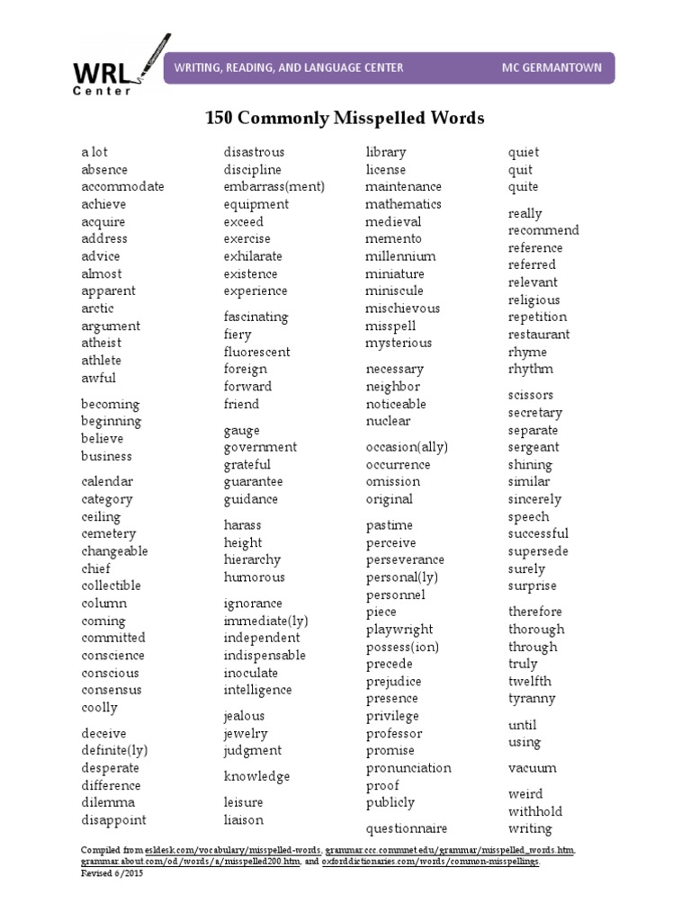 150 Commonly Misspelled Words: Writing, Reading, and Language Center MC ...