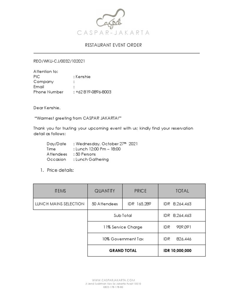 Restaurant Event Order - KENSHIE October 2021 | PDF | Food And Drink ...