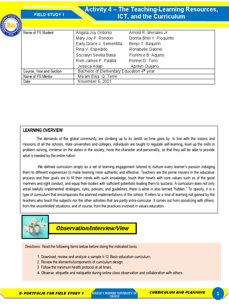 Observation/Interview/View: Field Study 1 | PDF | Curriculum ...