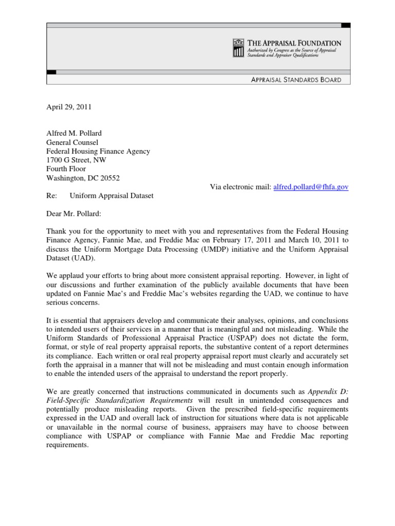 Asb-Fhfa Uad Letter | PDF | Real Estate Appraisal | Fannie Mae