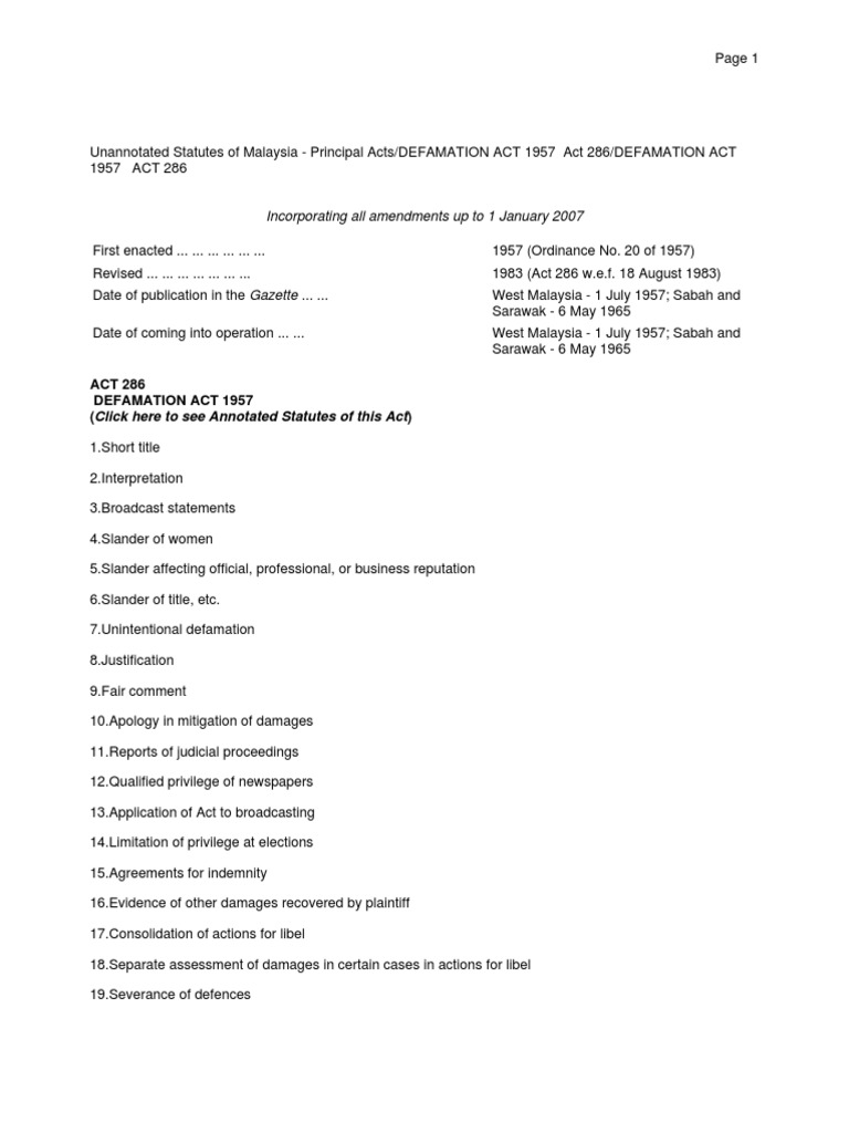 Defamation Act 1957 Act 286 | PDF | Defamation | Damages