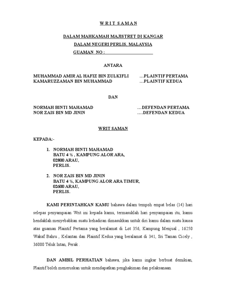 Contoh Writ Saman 1 (Berlanggor) | PDF