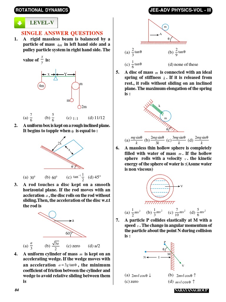 Single Answer Questions: Level-V | PDF | Rotation Around A Fixed Axis | Force