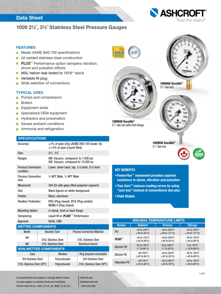 1009 2, 3 Stainless Steel Pressure Gauges: Data Sheet | Download Free ...