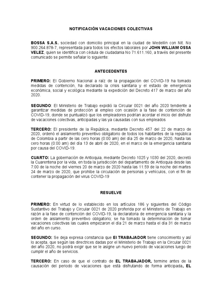 Formato de Vacaciones Colectivas | PDF