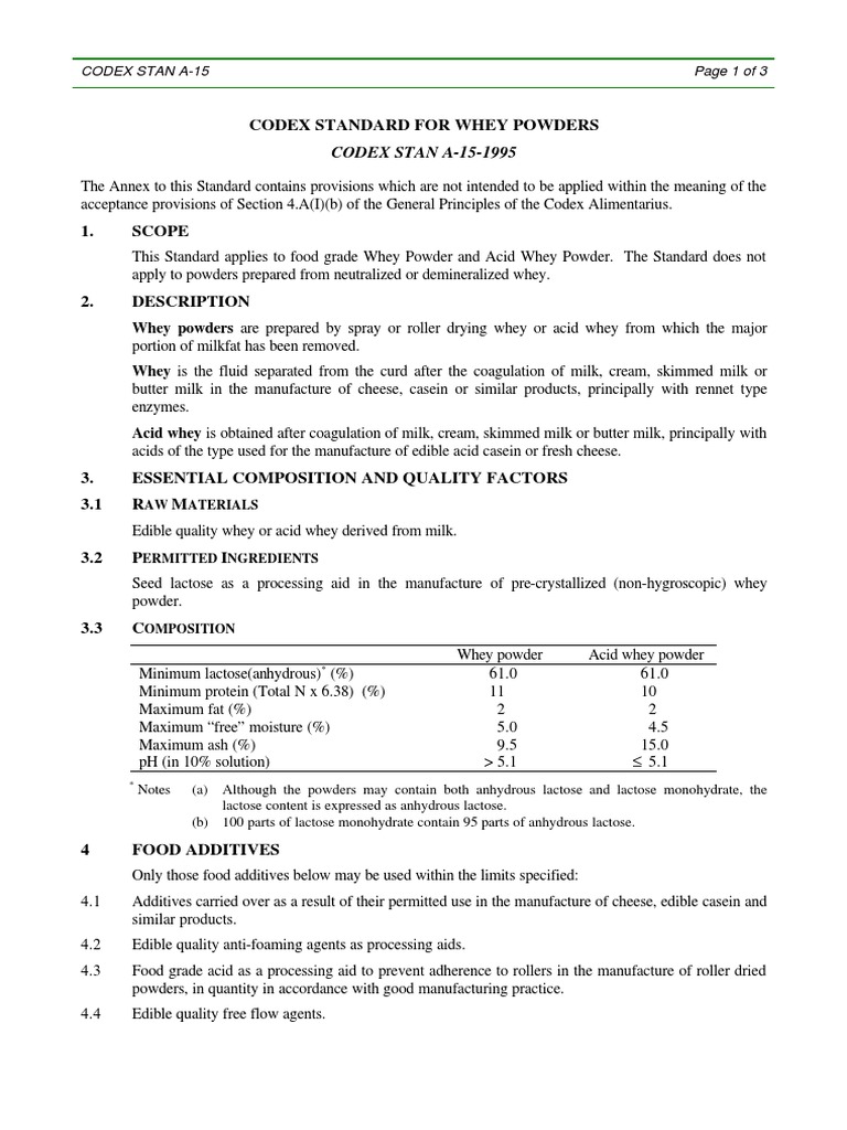 Codex Standard For Whey Powders | PDF | Milk | Nutrition