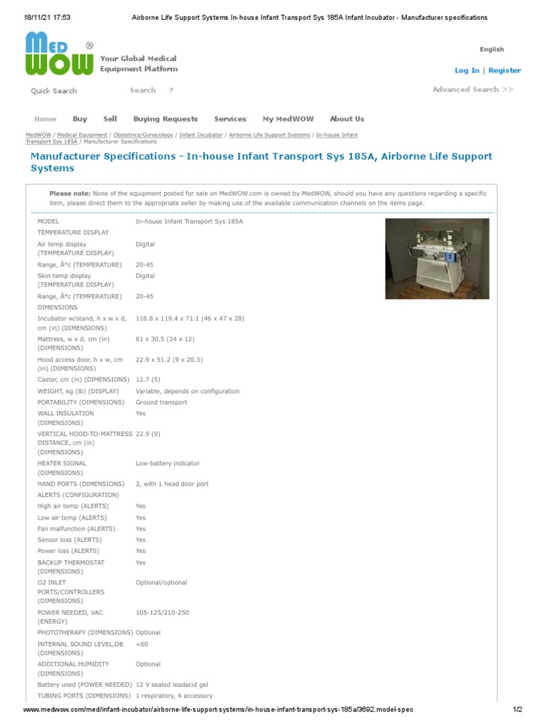 Airborne Life Support Systems In-House Infant Transport Sys 185A Infant ...