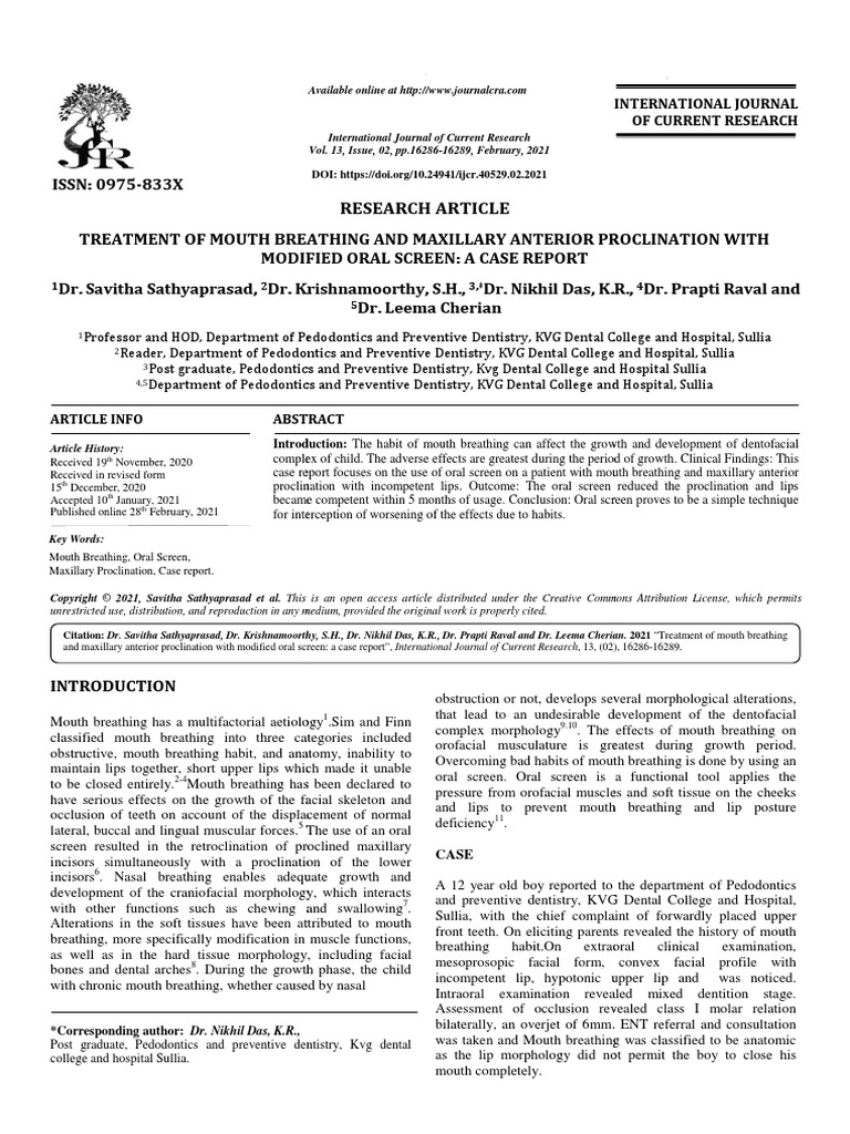 Treatment of Mouth Breathing and Maxillary Anterior Proclination | PDF ...