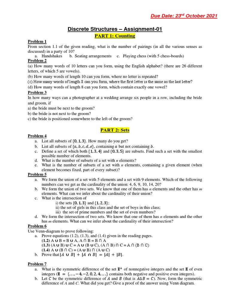 Discrete Structures Assignment 01 Part 1 Counting Pdf Set Mathematics Mathematical 