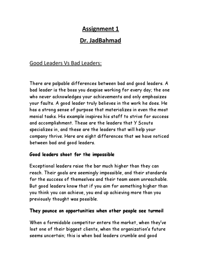 Assignment 1 Dr. Jadbahmad: Good Leaders Vs Bad Leaders | PDF ...