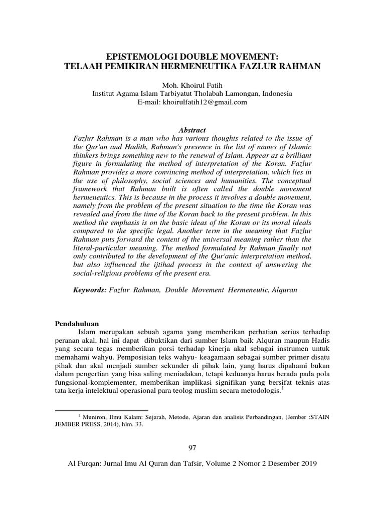 Epistemologi Double Movement: Telaah Pemikiran Hermeneutika Fazlur Rahman | PDF | Quran | Islam