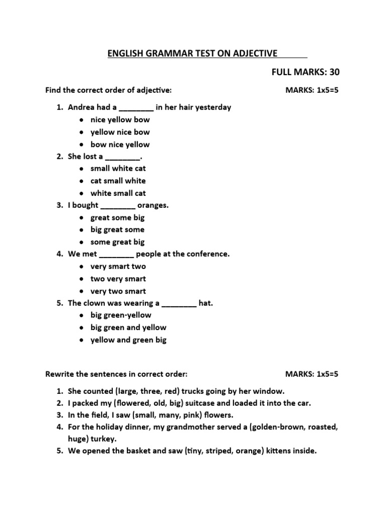 English Grammar Test On Adjective Full Marks: 30 | PDF
