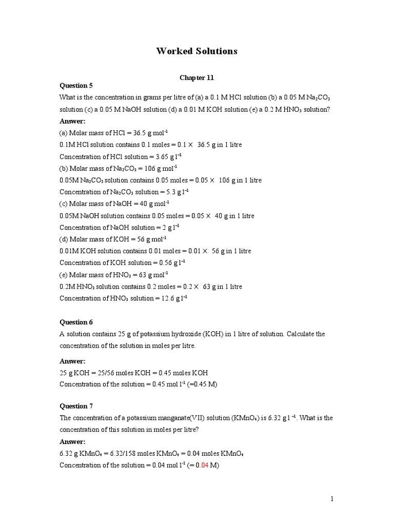 Moles Molarity Dilution Worked Solutions | PDF | Sodium Hydroxide | Mole (Unit)