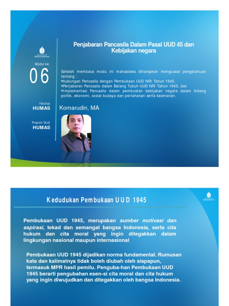 Penjabaran Pancasila Dalam Pasal UUD 45 Dan Kebijakan Negara. Komarudin ...