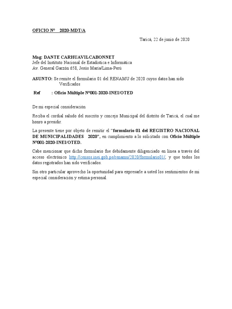 OFICIO para Responder El Registroi Nacional de Municipalidades | PDF