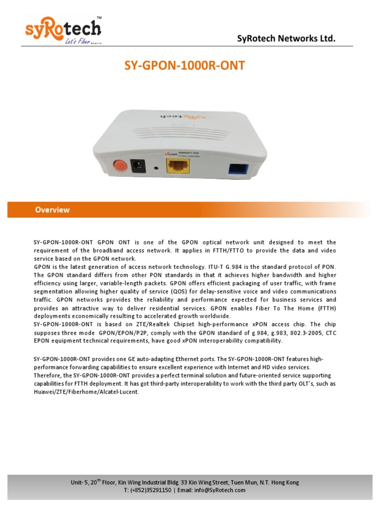 Sy - Gpon - 1000R - Ont: Syrotech Networks LTD | PDF | Computer Network ...