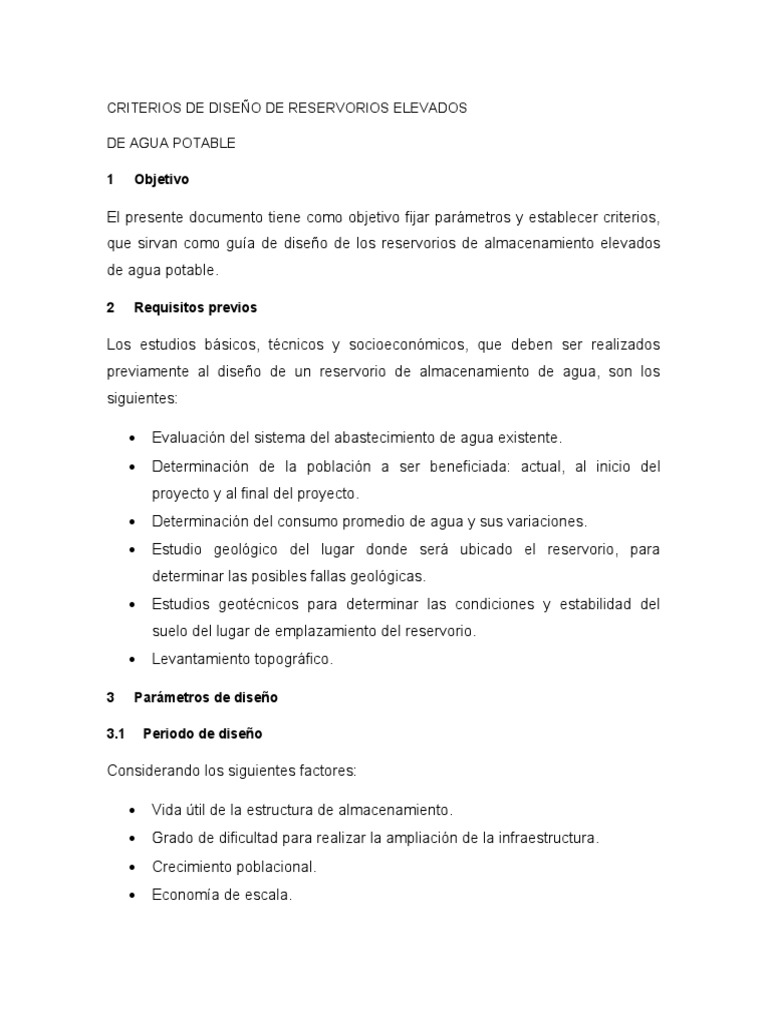 CRITERIO DE DISEÑO DE RESERVORIO ELEVADO | PDF | Reservorio | Agua