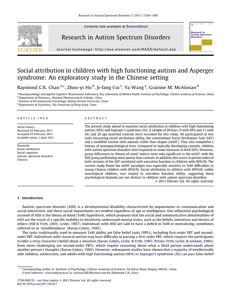 Chan (2011) - Social Attribution in Children With High Functioning Autism and Asperger Syndrome ...