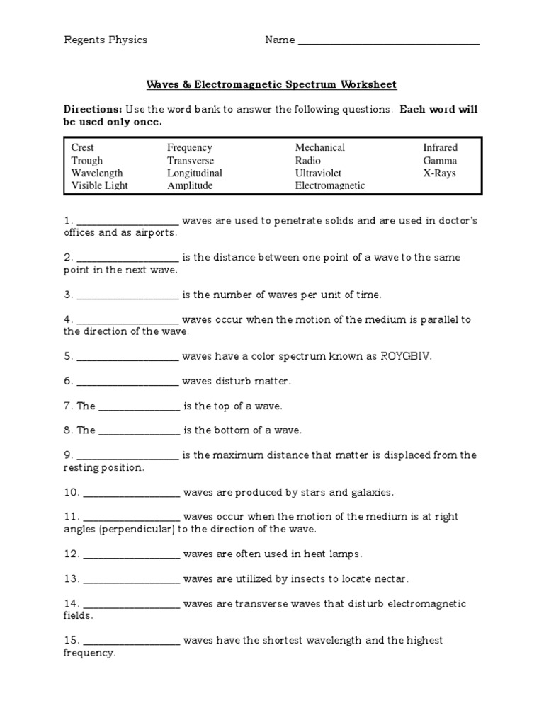 Waves and em Spectrum Work Sheet | PDF | Waves | Light