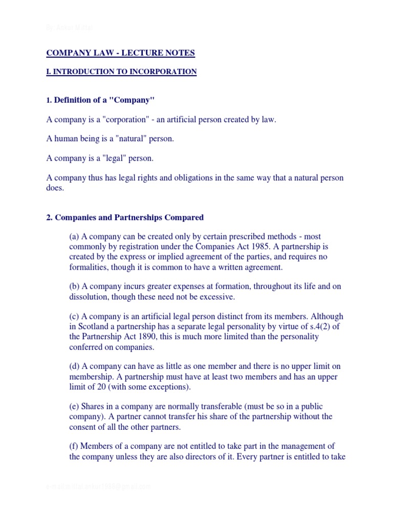 Company Law Lecture Notes Overview | PDF | Partnership | Legal Liability