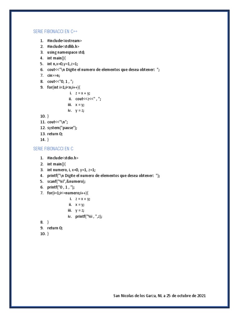 Serie Fibonacci en C y C++ | PDF