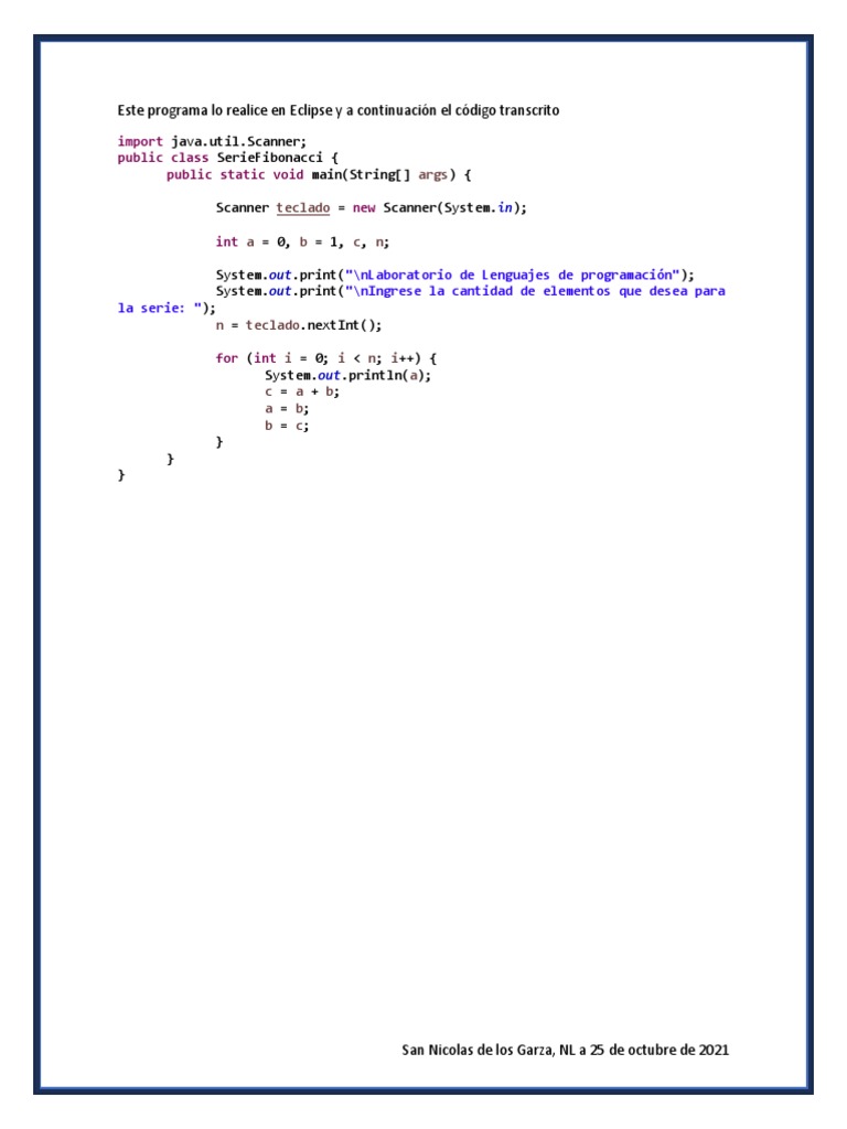 Serie Fibonacci en Java | PDF