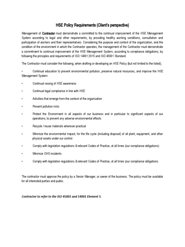 HSE Policy Requirements (Client's Perspective) : Contractor To Refer To ...