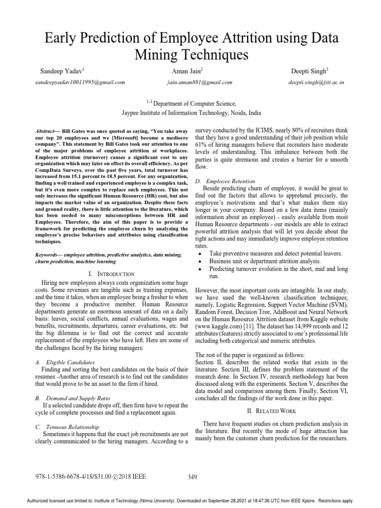 Early Prediction of Employee Attrition Using Data Mining Techniques ... Early Prediction of Employee Attrition Using Data Mining Techniques ...