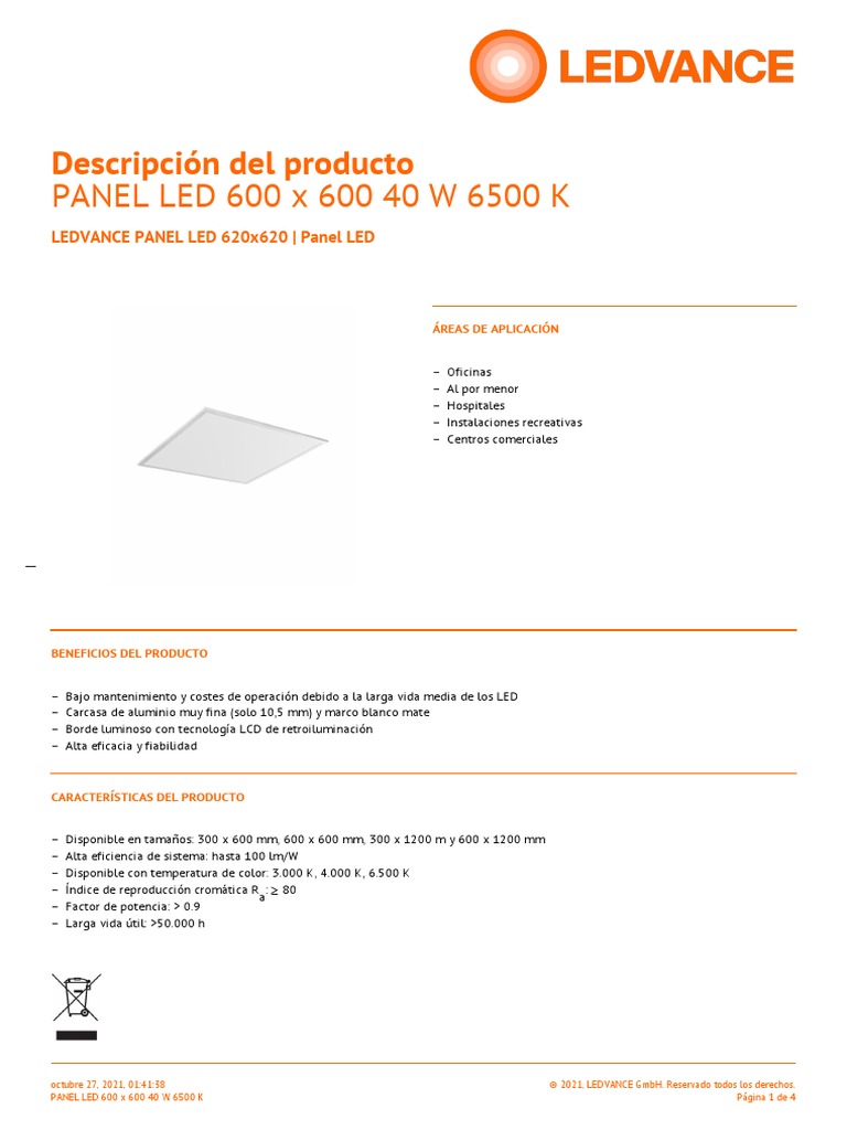 LEDVANCE - LUMINARIA - PANEL - LED - 600 - X - 600 - 40 - W - 6500 - K ...