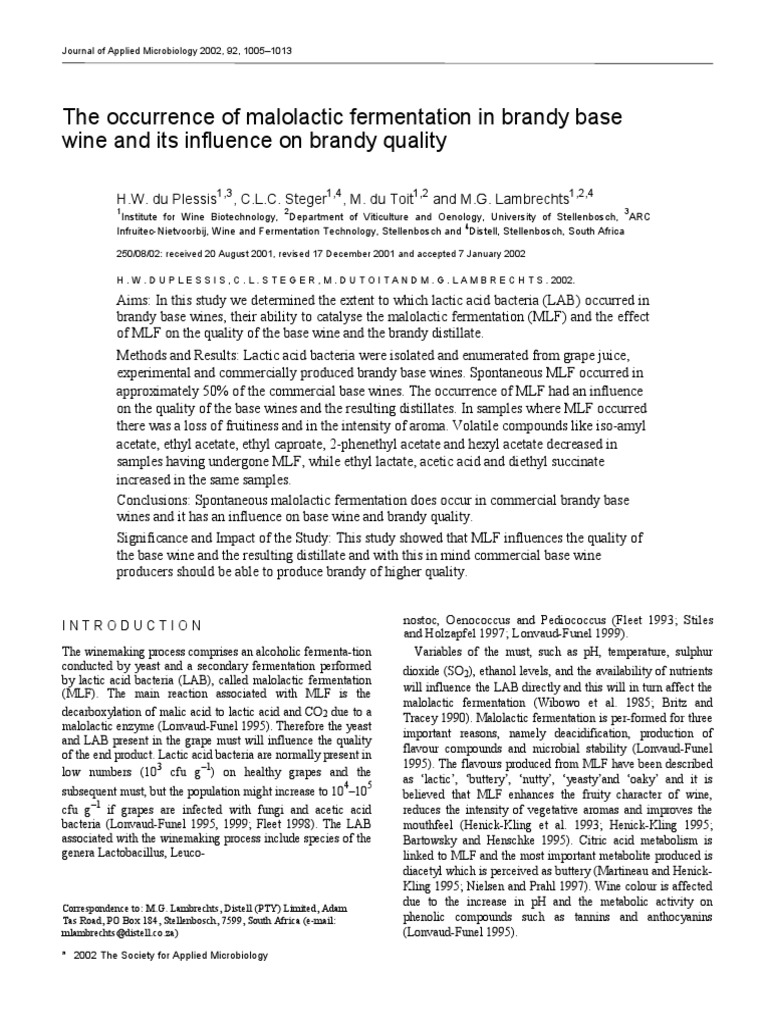 The Occurrence of Malolactic Fermentation in Brandy Base Wine and Its ...