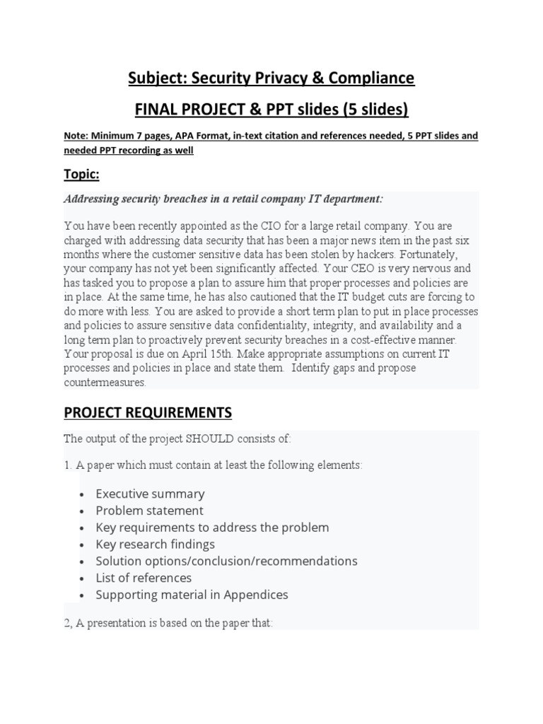Subject: Security Privacy & Compliance FINAL PROJECT & PPT Slides (5 ...