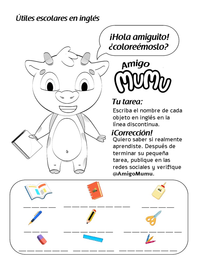 Tarea Útiles Escolares en Inglés Amigo Mumu | PDF