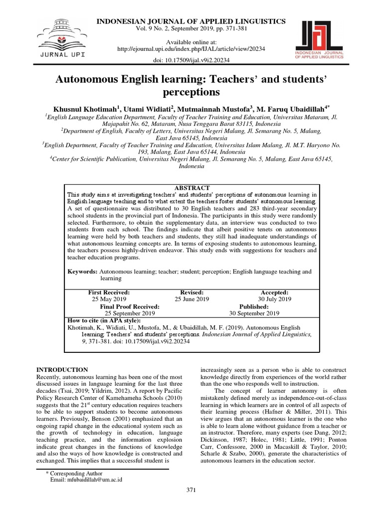 Autonomous English Learning: Teachers' and Students' Perceptions | PDF | Autonomy | Learning