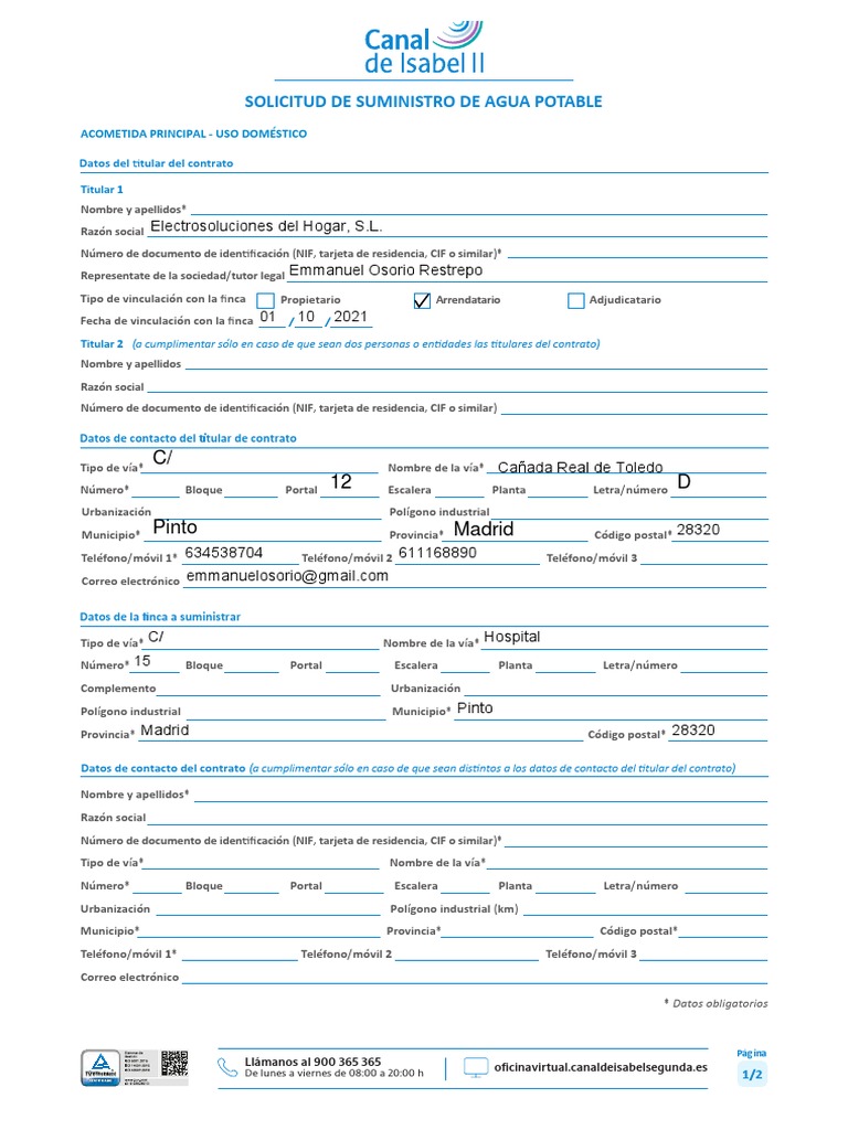 Solicitud de Suministro de Agua para Acometida Principal de Uso Doméstico | PDF