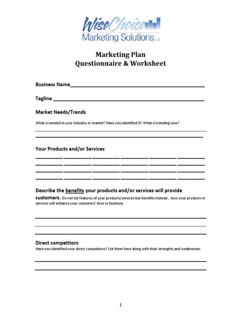 Marketing Plan Questionnaire & Worksheet | PDF | Advertising | Search ...