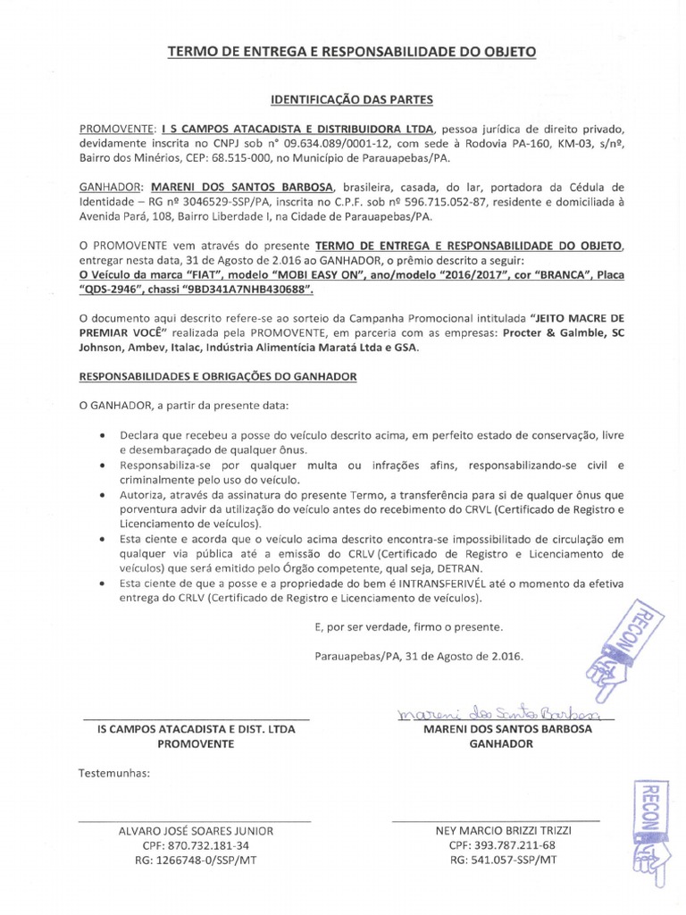 Termo de Entrega e Responsabilidade Do Objeto | PDF