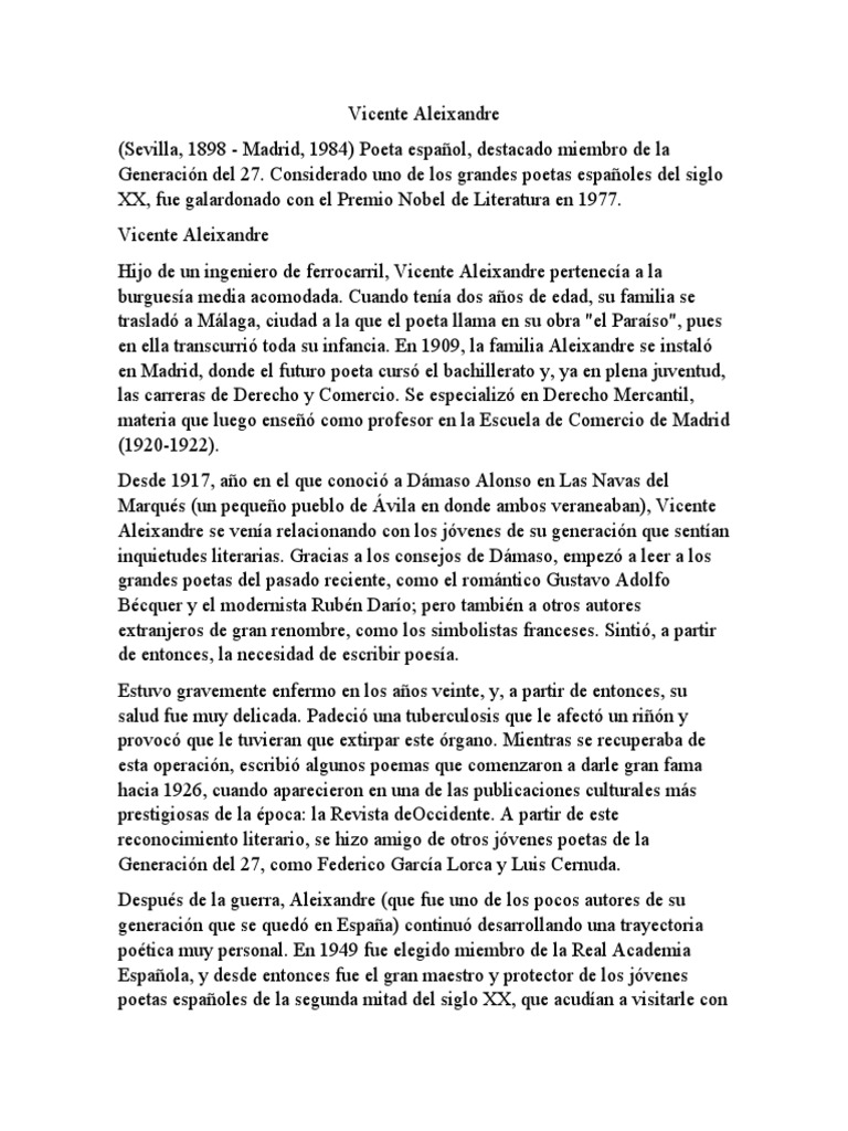 Vicente Aleixandre: Poeta del 27 y Nobel | PDF