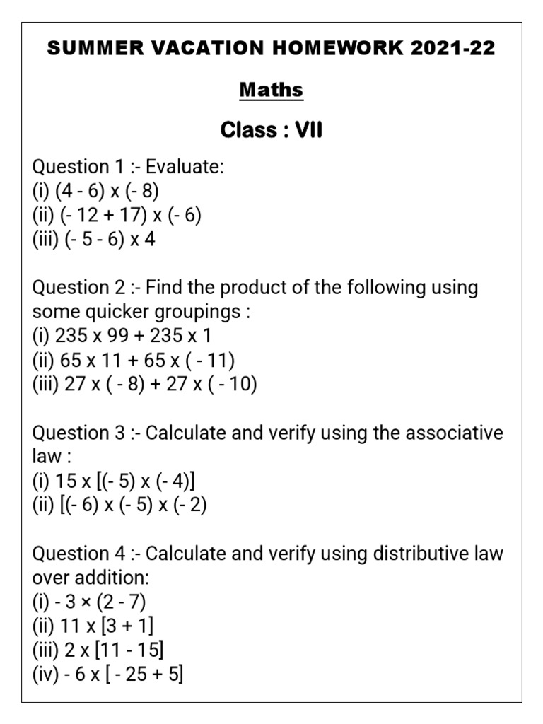 Class: VII: Summer Vacation Homework 2021-22 Maths | PDF ...