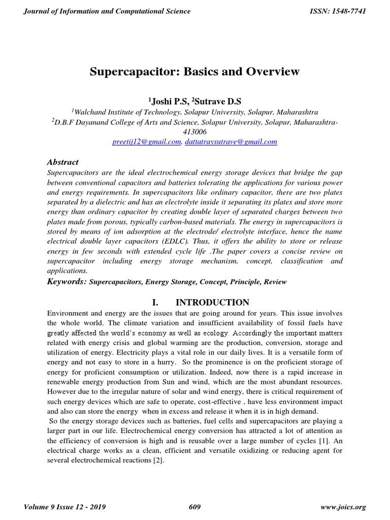 Supercapacitor: Basics and Overview: Joshi P.S, Sutrave D.S | PDF | Capacitor | Physical Sciences