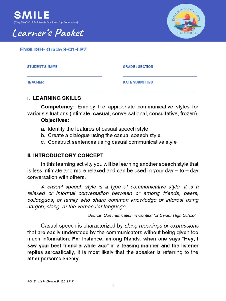 ENGLISH-Grade 9-Q1-LP7: - Learning Skills Competency: Employ The ...