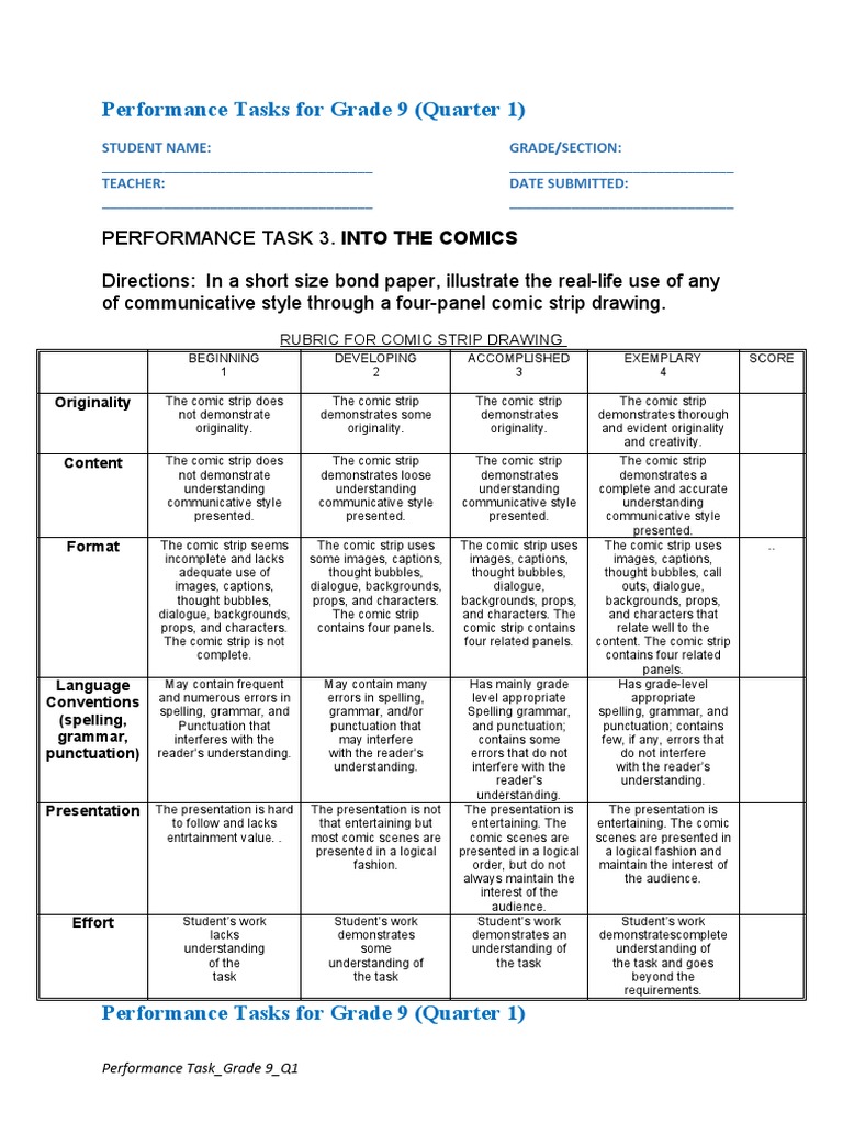 Performance Tasks For Grade 9 Comic Strip | PDF | Comic Strips | Comics