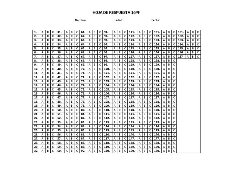 16PF Personality Test Response Sheet | PDF