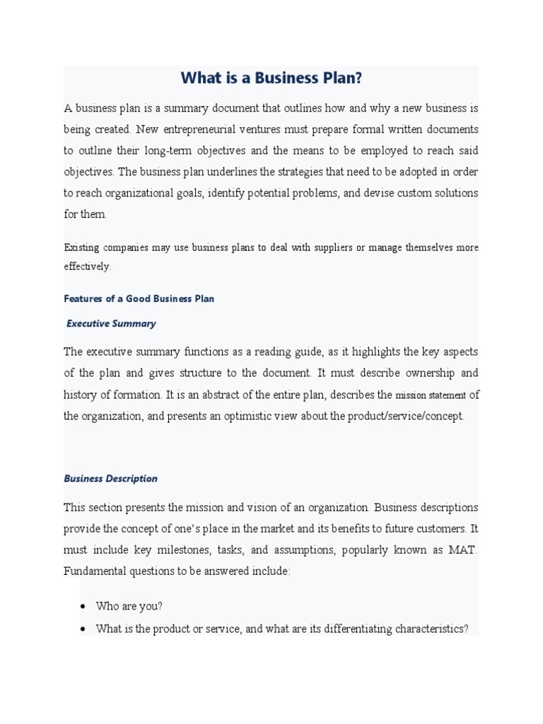 Business Plan and Its Features or Elements | PDF | Marketing ...
