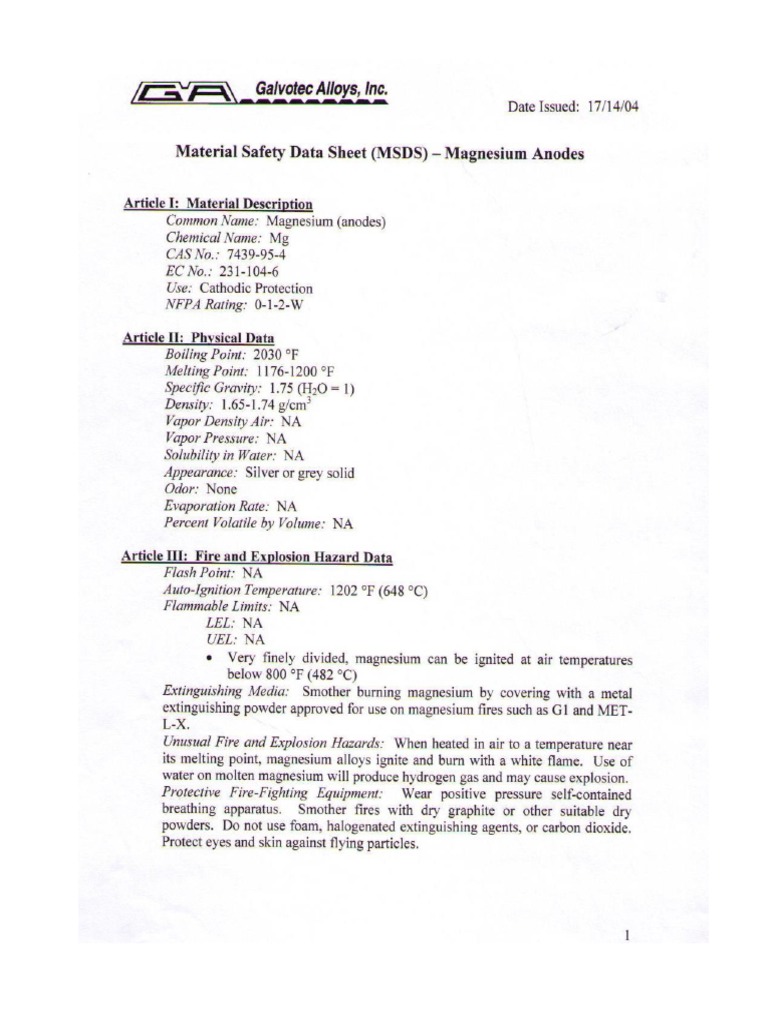 Magnesium Anodes MSDS | PDF