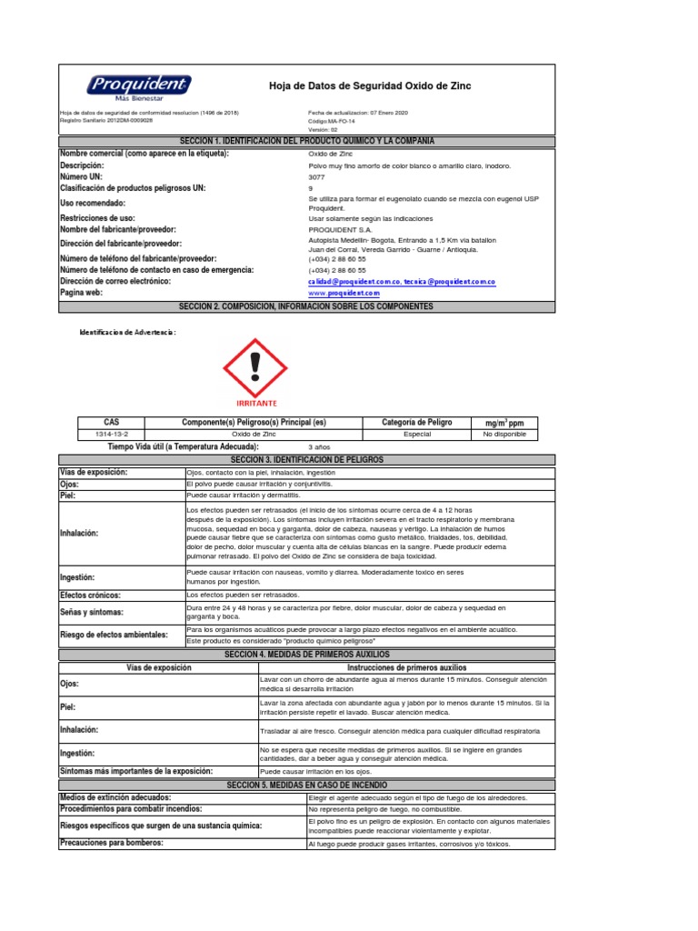 Oxido-De-Zinc - MSDS | PDF | Agua | Primeros auxilios