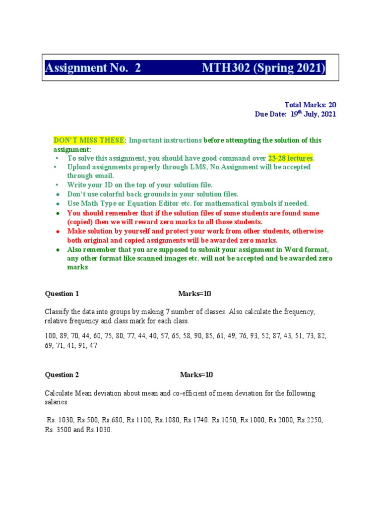 MTH302 Assignment 2 Guidelines and Questions | PDF