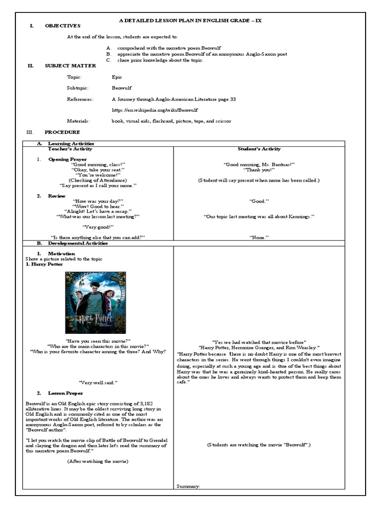 Beowulf Lesson Plan for Grade IX | PDF | Beowulf | English Folklore