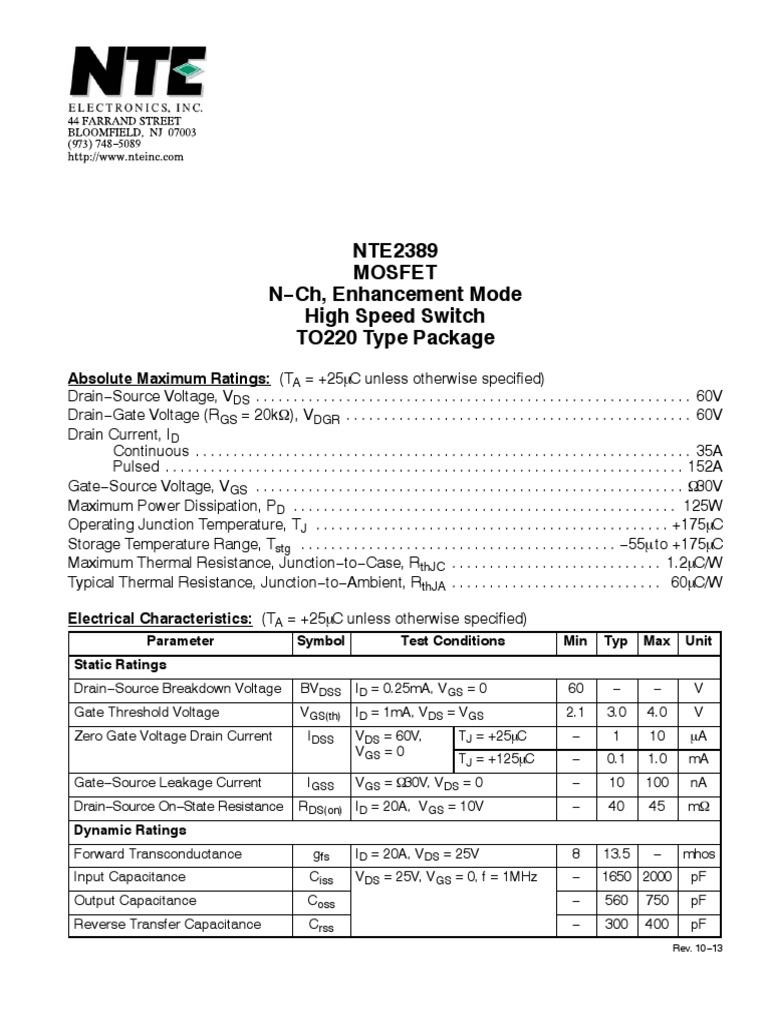 NTE2389 Mosfet N CH, Enhancement Mode High Speed Switch TO220 Type Package | PDF | Computer ...